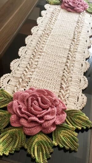Crocheted Table Runner with Mega Rose - Crafts Ideas